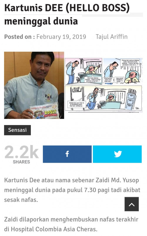 RIP HELLO BOSS, kartunis DEE meninggal dunia