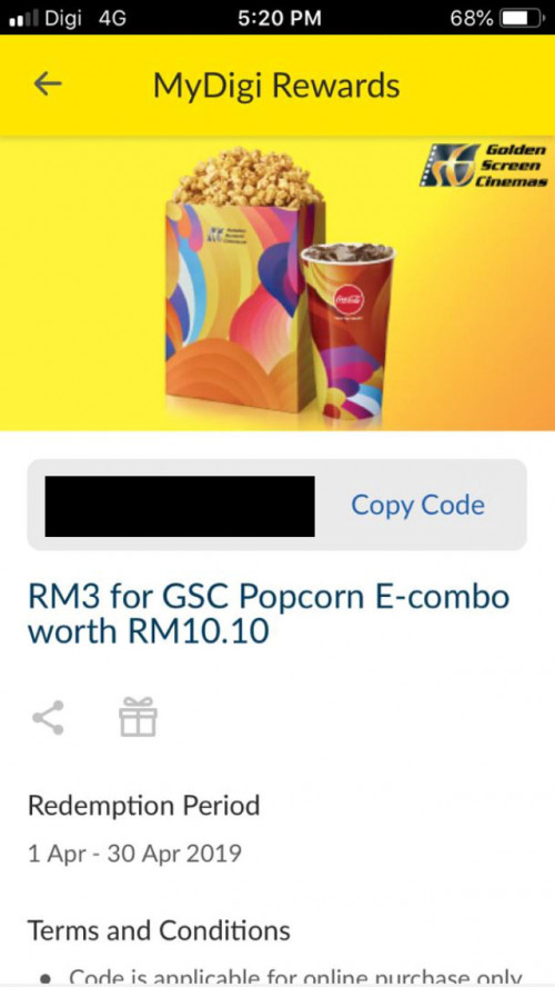 [SOLD] GSC E-Combo Popcorn + Drink Code for RM3