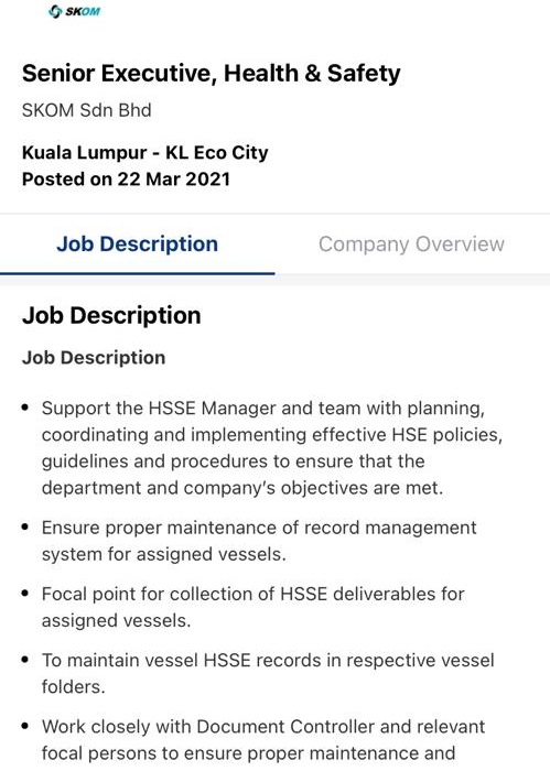 Health Safety & Environment (HSE) Sr Exec/Officer