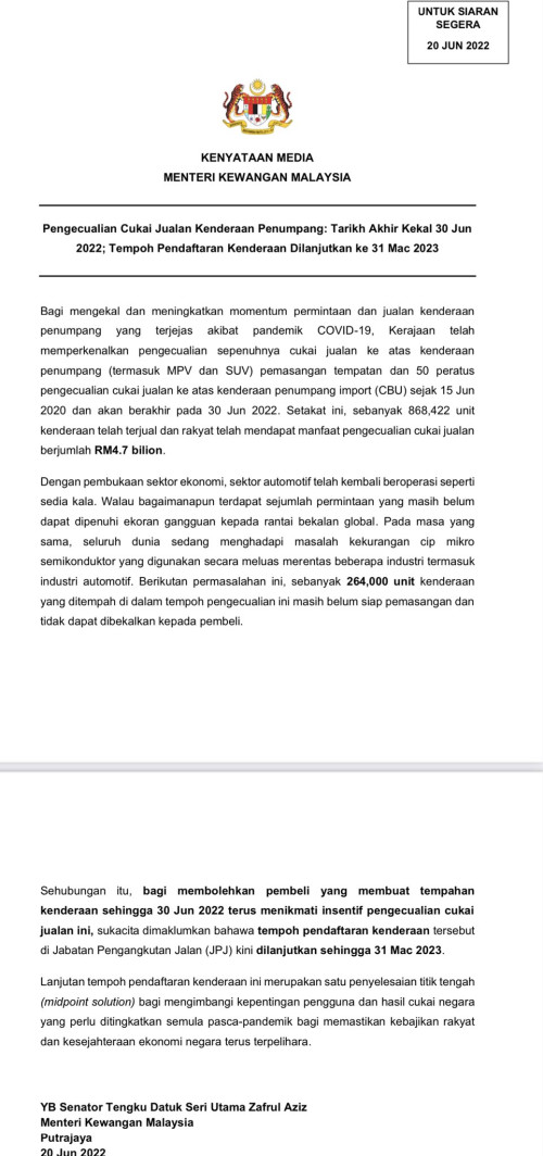 Car SST exemption registration extended to Mar’23