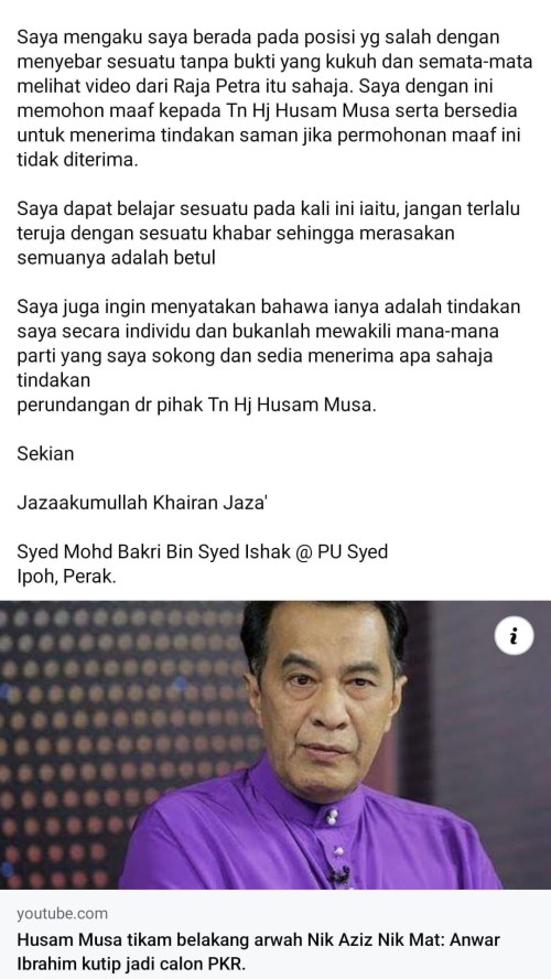 Walaun PU Syed mohon maaf fitnah Husam Musa