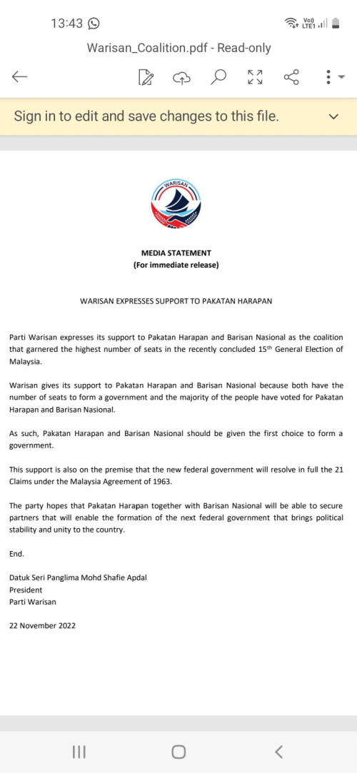 Warisan express support for BN-PH govt