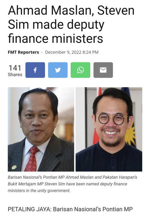 BREAK : Ahmad Maslan Timbalan Menteri Kewangan