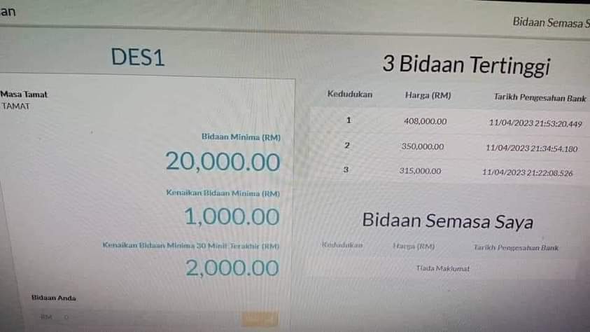 Plate number 'DES1' is now at RM408k