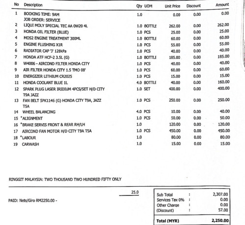 Honda City service RM4700
