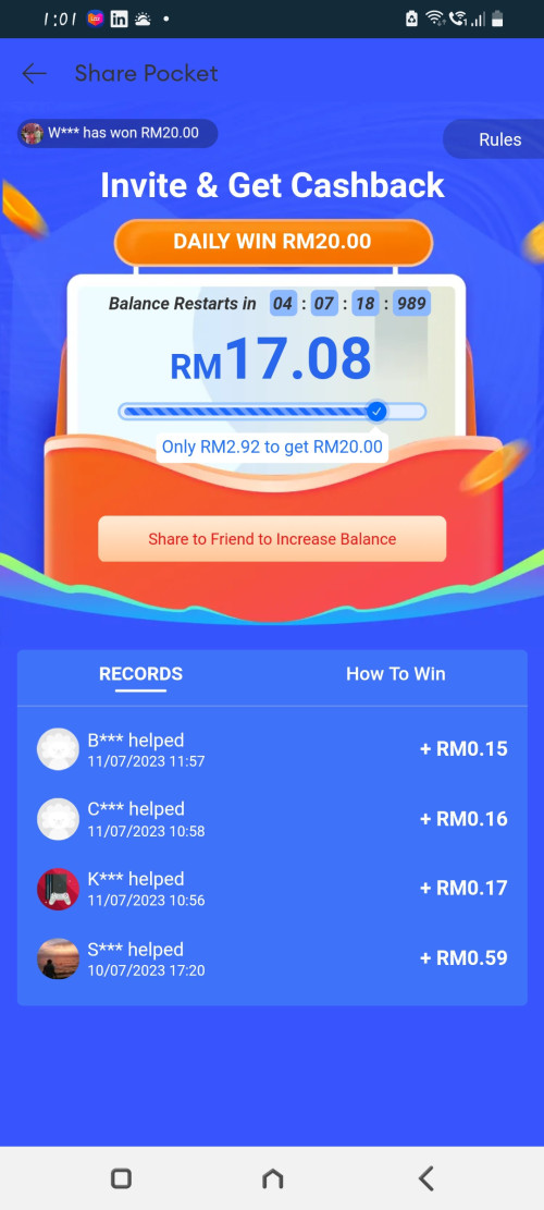 Lazada Win RM20 Share Pocket.