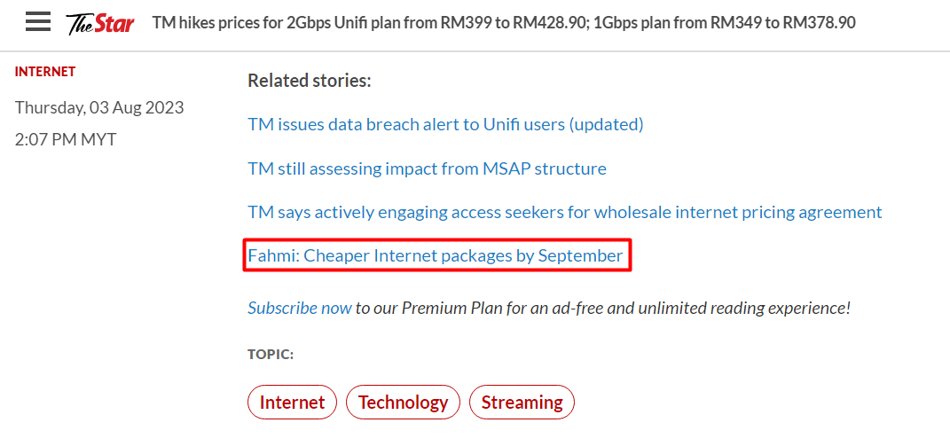 Internet: TM hikes prices