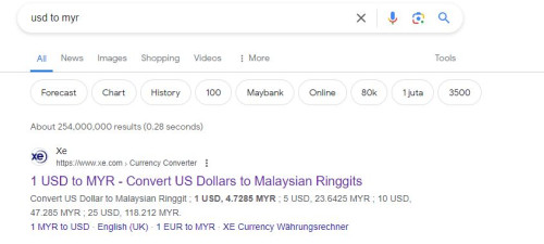 How to check usd myr currency in google