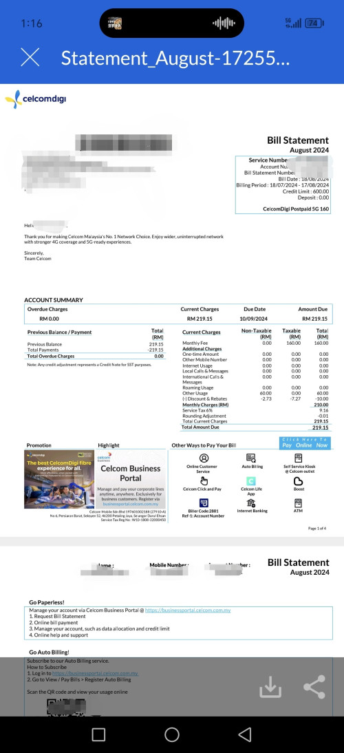 Celcom bill statement for phone installment