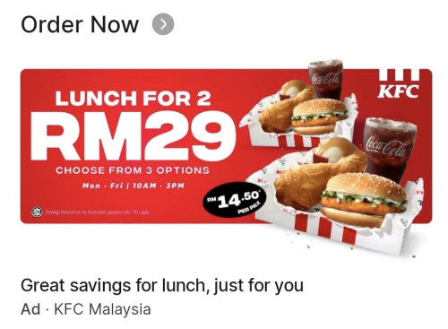 KFC Lunch for 2 @ RM29